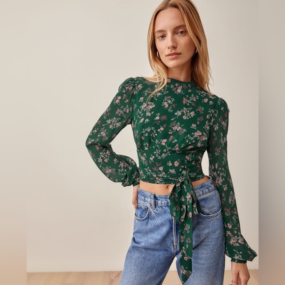 Reformation | Tops | Reformation Net Sustain Raye Green Floral Wrap ...